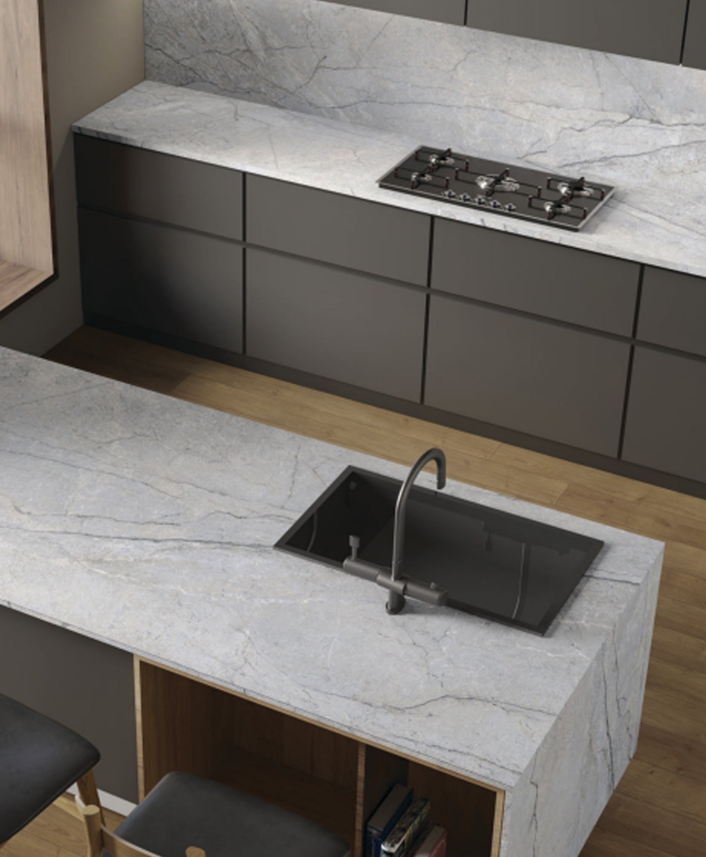 שיש למטבח פולו סטון דגם RIVER GRAY מט - שיש ג'אן